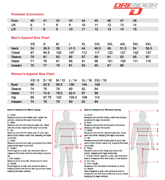 DRI RIDER JACKET SIZE CHART – www.ls2helmetspk.com